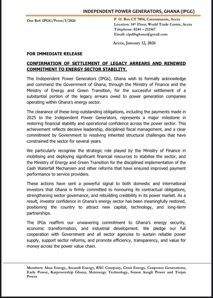 IPGs confirm payment of legacy power debts, commend government for ...
